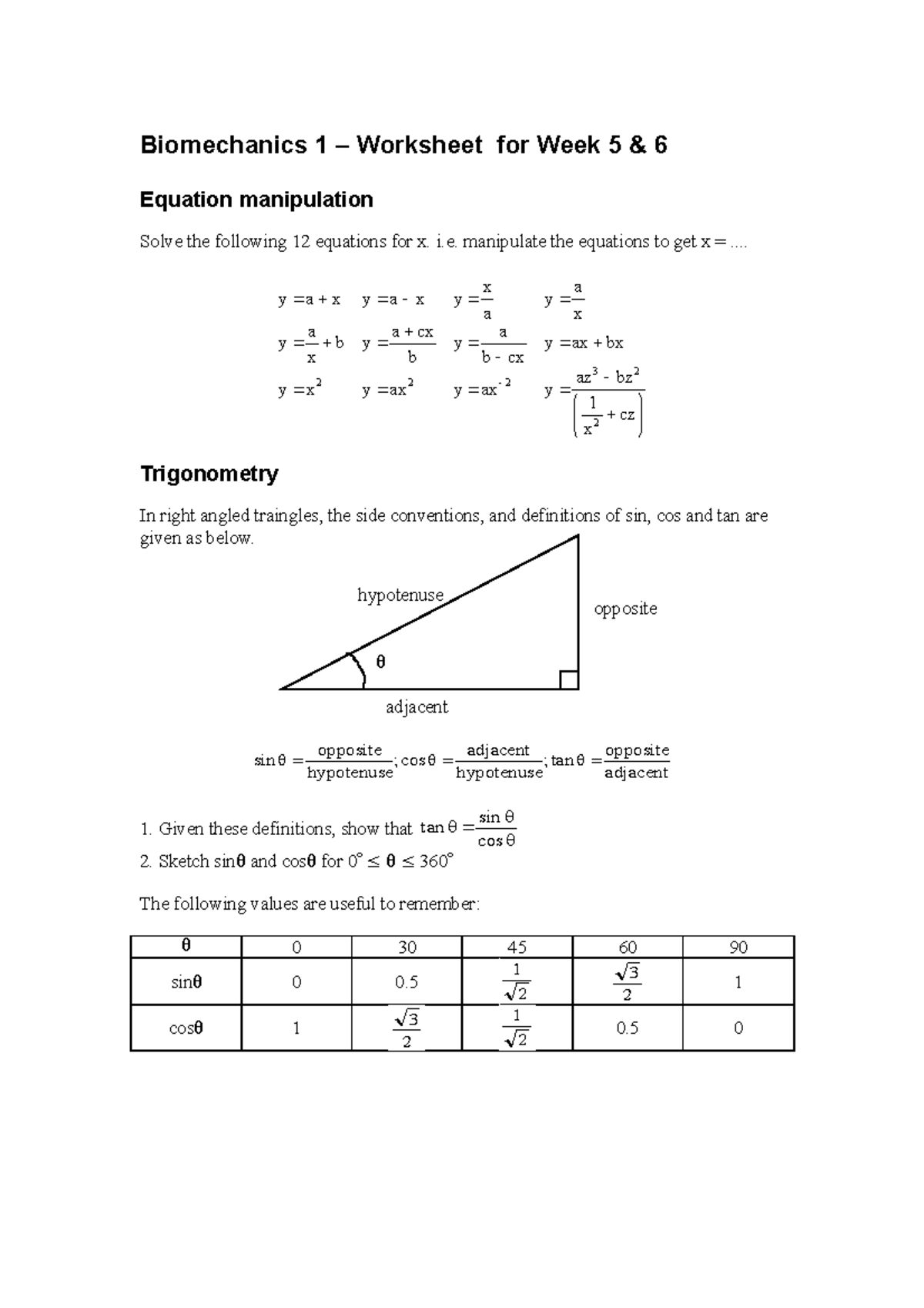 Biomechanics 1 - Week 5 6 - worksheet - Biomechanics 1 – Worksheet for ...