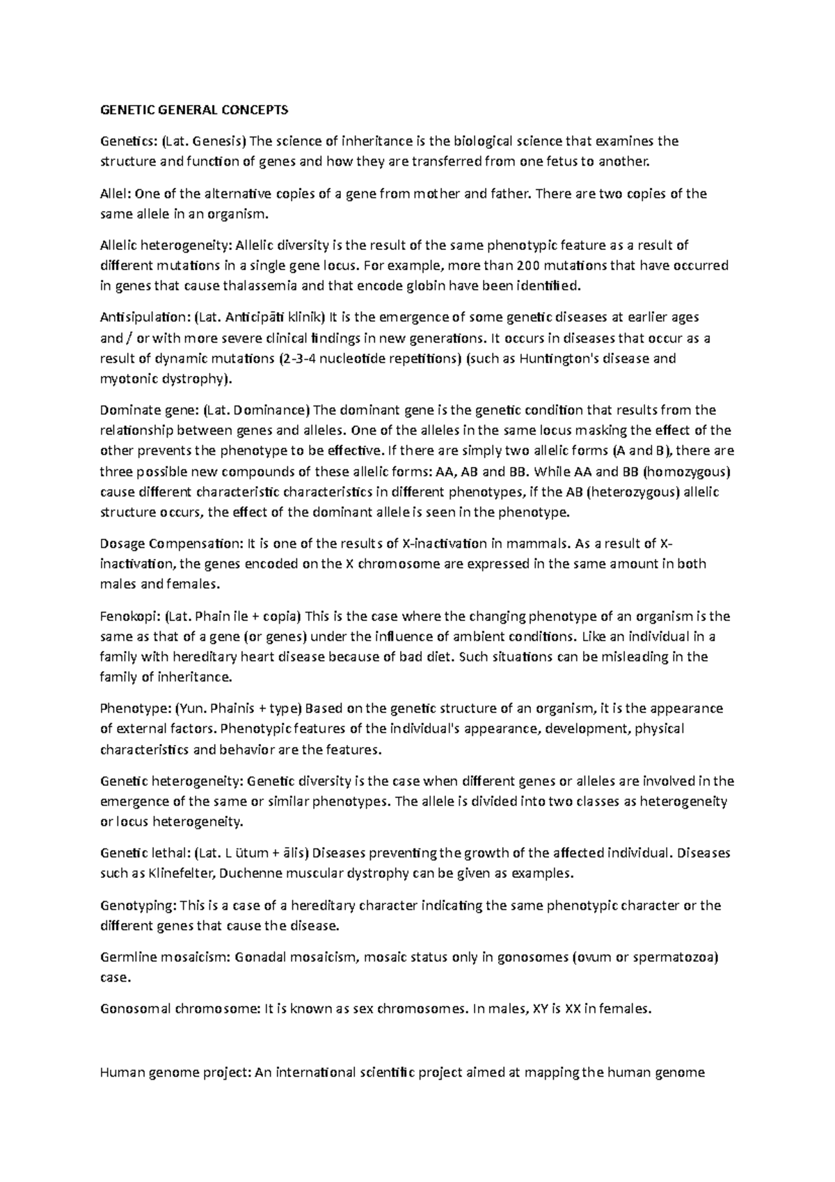 Genetic concepts - Lecture notes 1 - GENETIC GENERAL CONCEPTS - Studocu