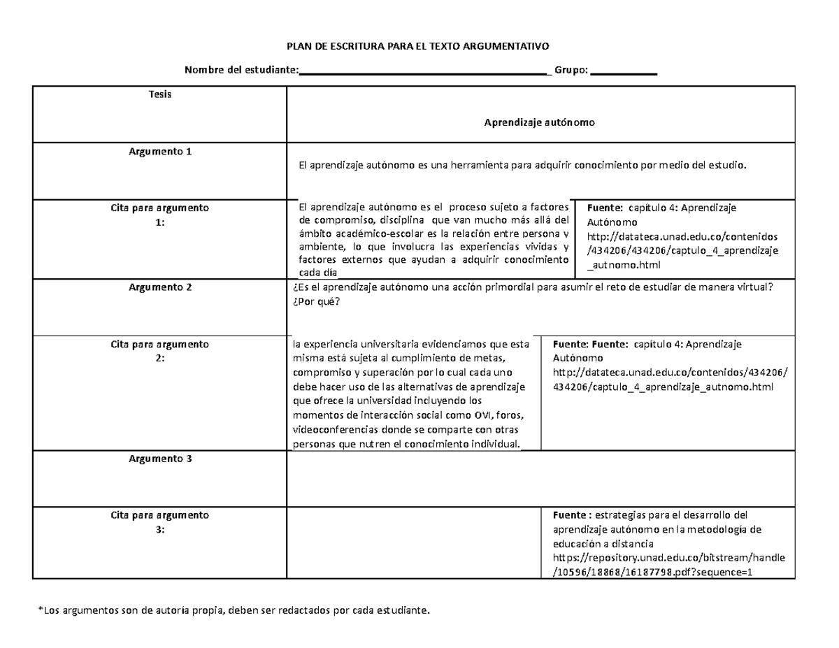 Anexo 2 - Plan de escritura para el texto argumentativo - PLAN DE ESCRITURA PARA EL TEXTO - Studocu