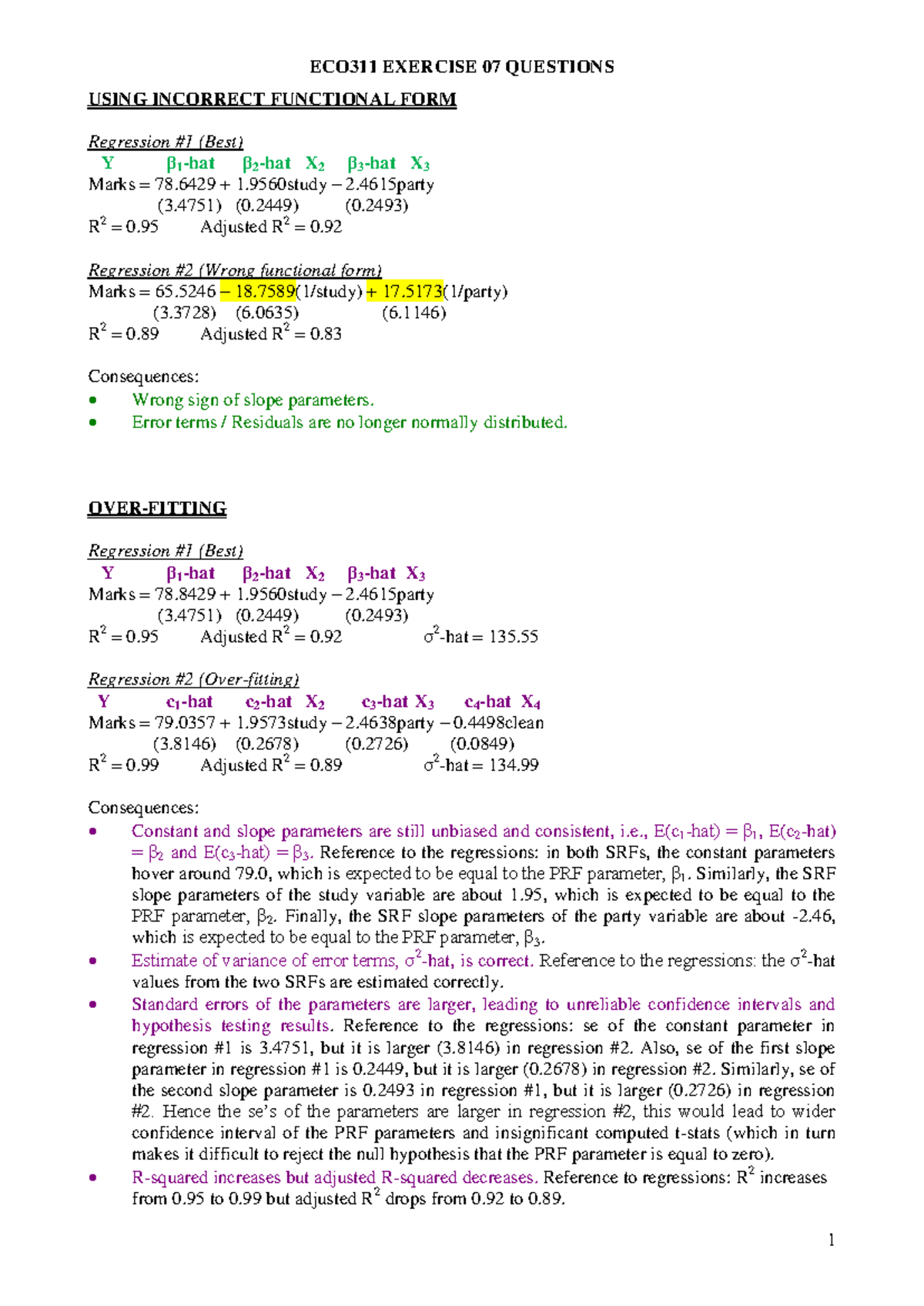 In Class Exercise 07 - USING INCORRECT FUNCTIONAL FORM Regression #1 ...