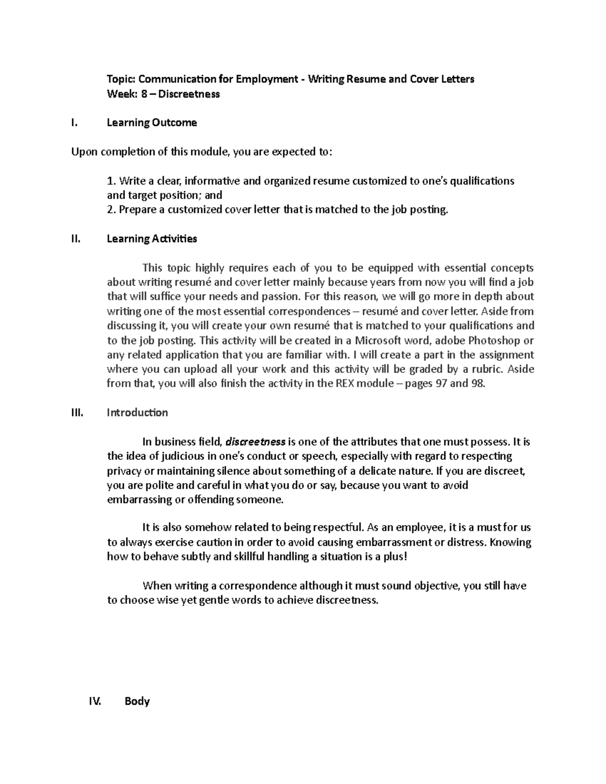 Module 8 week 8 - Topic: Communication for Employment - Writing Resume ...