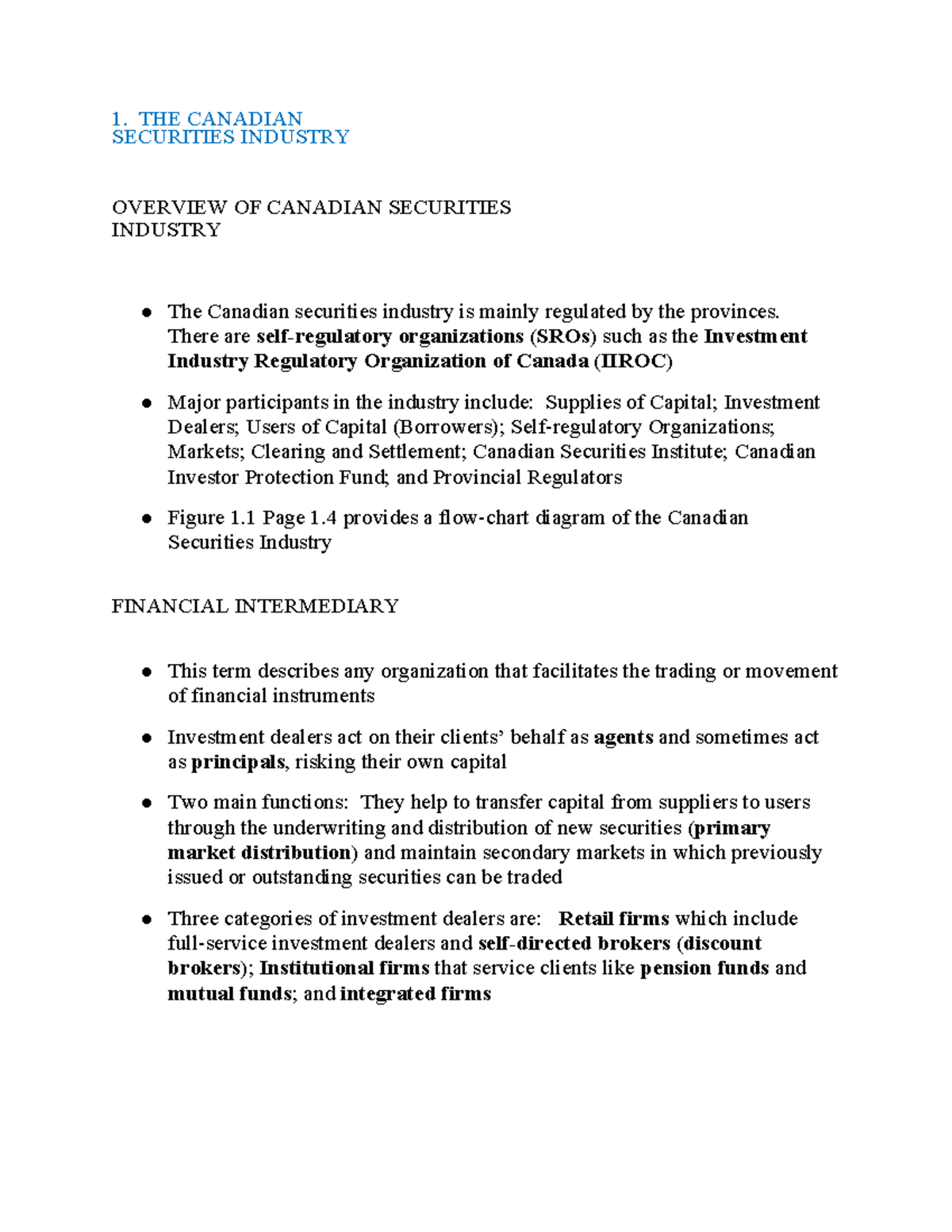 CSC chapter 1 notes - 1. THE CANADIAN SECURITIES INDUSTRY OVERVIEW OF ...
