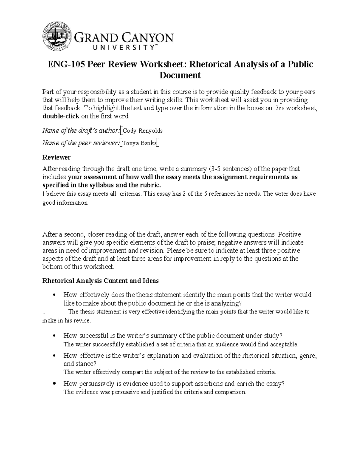 ENG-105-RS-Rhetorical Analysis Peer Review Worksheet Online - ENG-105 ...
