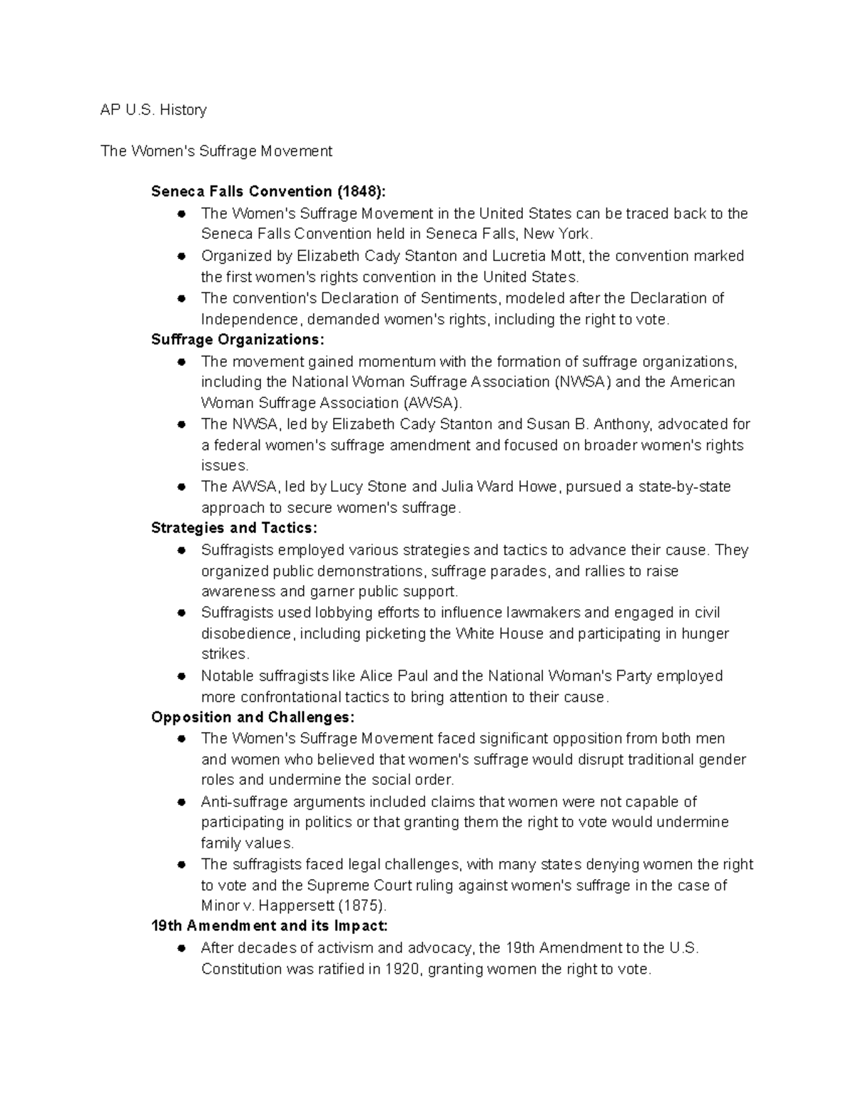 AP U.S. History - The Women's Suffrage Movement - AP U. History The ...