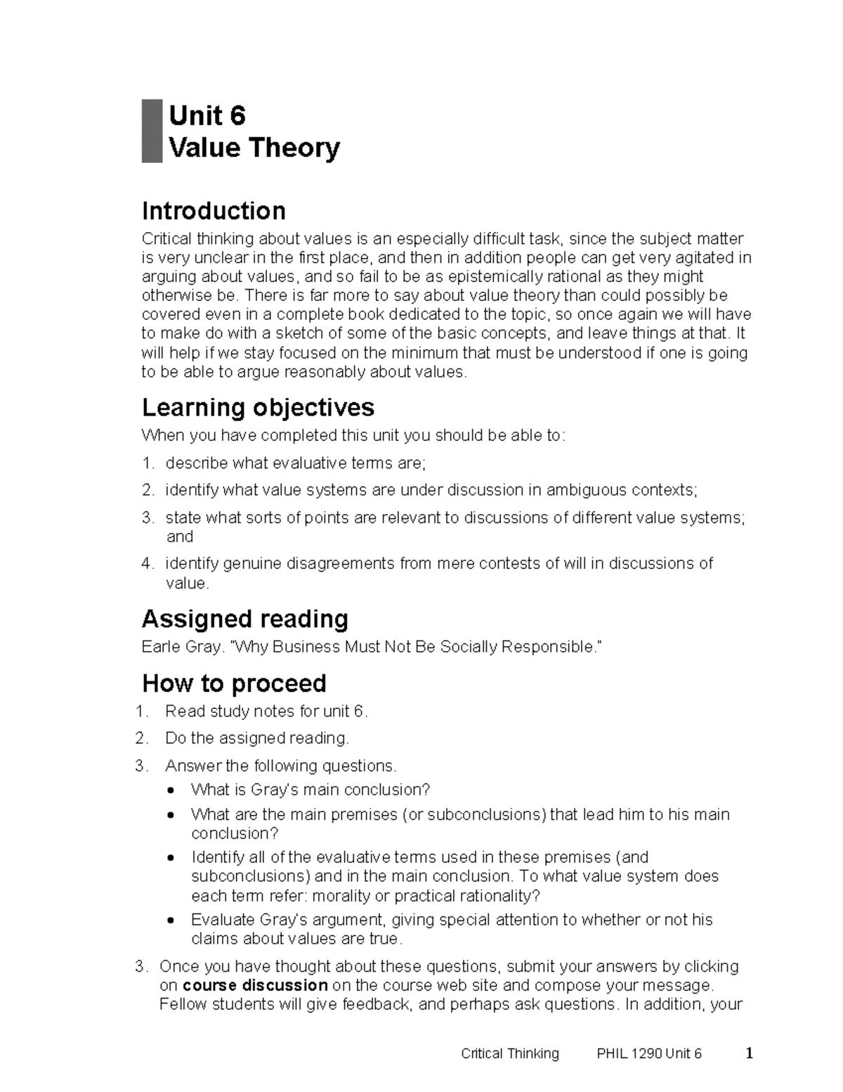 Unit6 - Notes - Unit 6 Value Theory ####### Introduction Critical ...