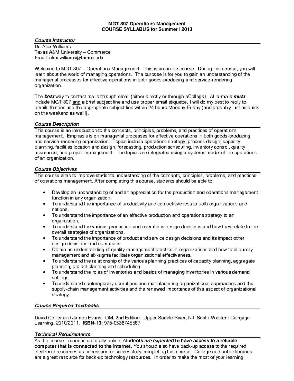 40517 - SYLLABUS - MGT 307 Operations Management COURSE SYLLABUS for ...