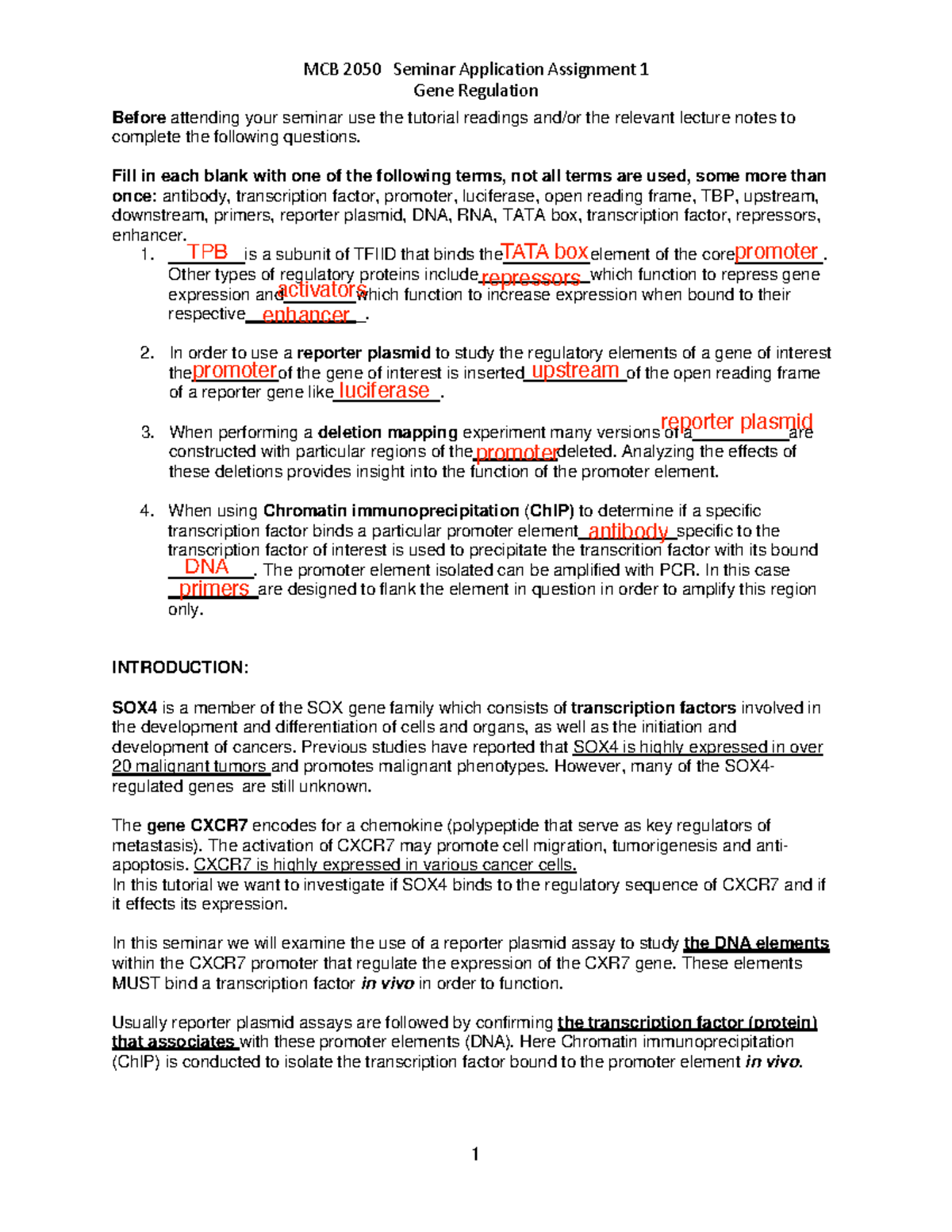 F22 Gene regulation Seminar 1 PDF - MCB 2050 Seminar Application Assignment 1 Gene Regulation ...