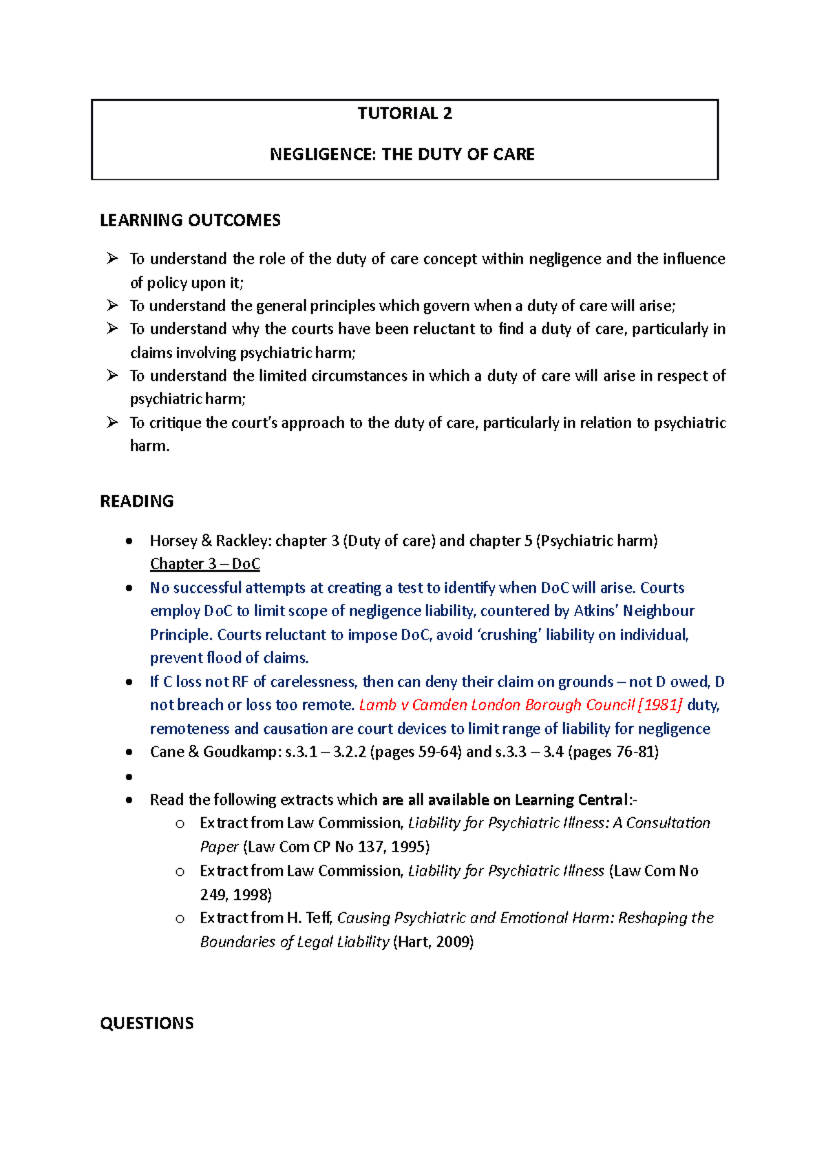 T2 Negligence Do C - TUTORIAL 2 NEGLIGENCE: THE DUTY OF CARE LEARNING ...