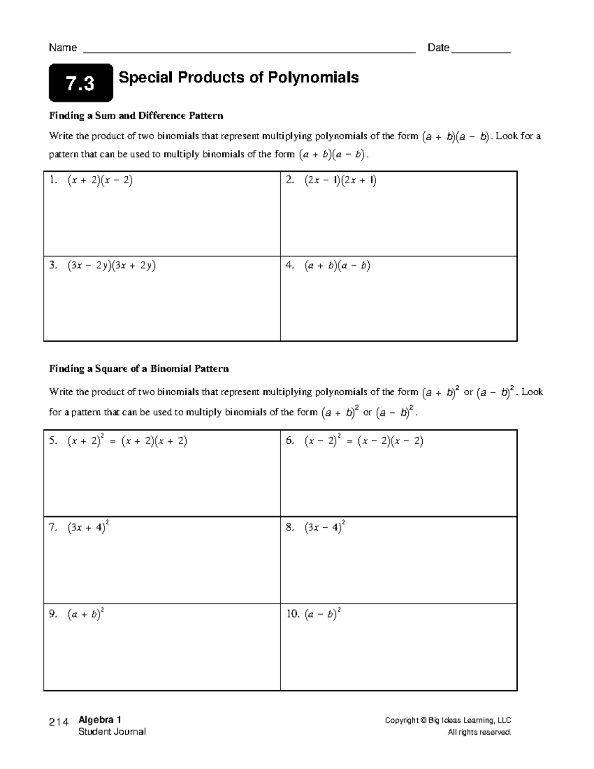 Special Products Notes and CW - Algebra 1 Copyright © Big Ideas ...