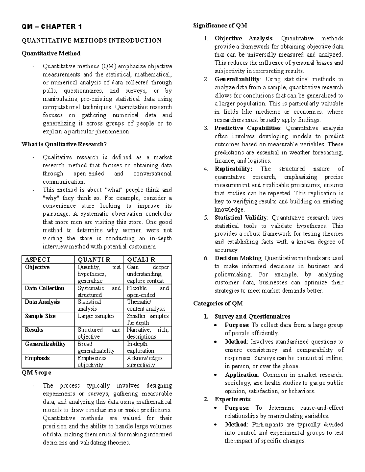 QM Chapter 1 - hhhhhhhh - QM – CHAPTER 1 QUANTITATIVE METHODS INTRODUCTION Quantitative Method ...