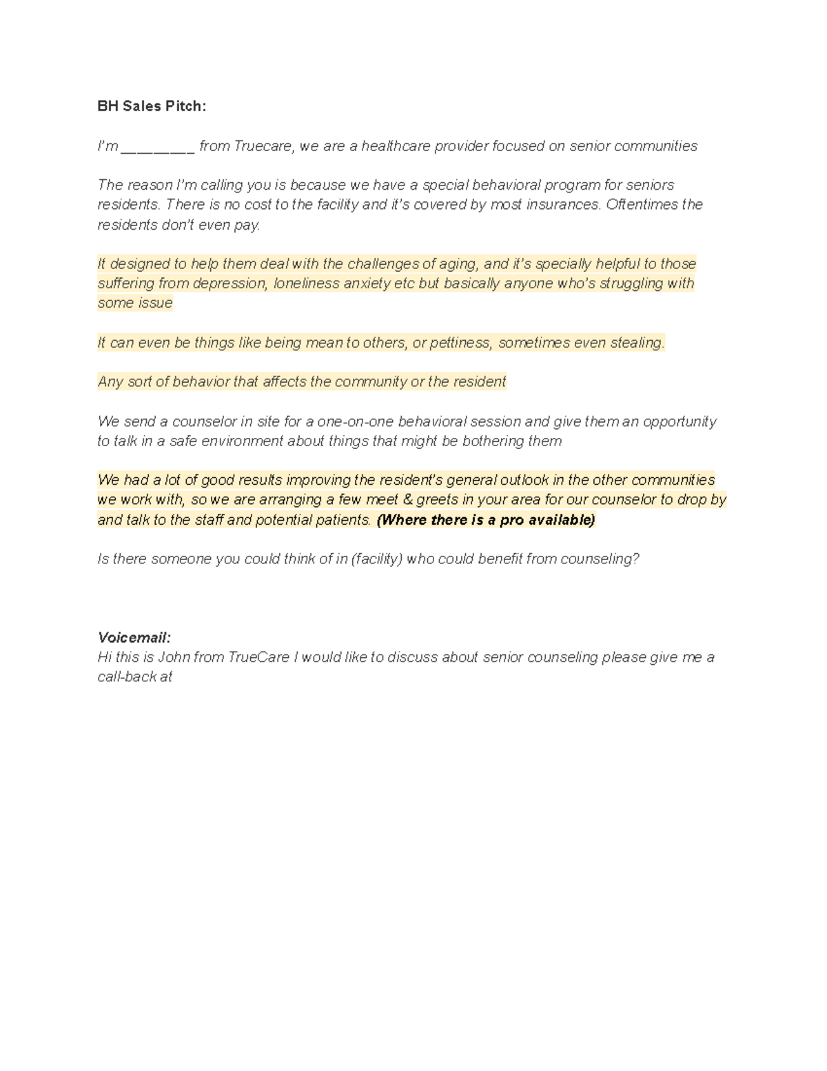 Sales Pitch Sample - BH - BH Sales Pitch: I’m _________ from Truecare ...