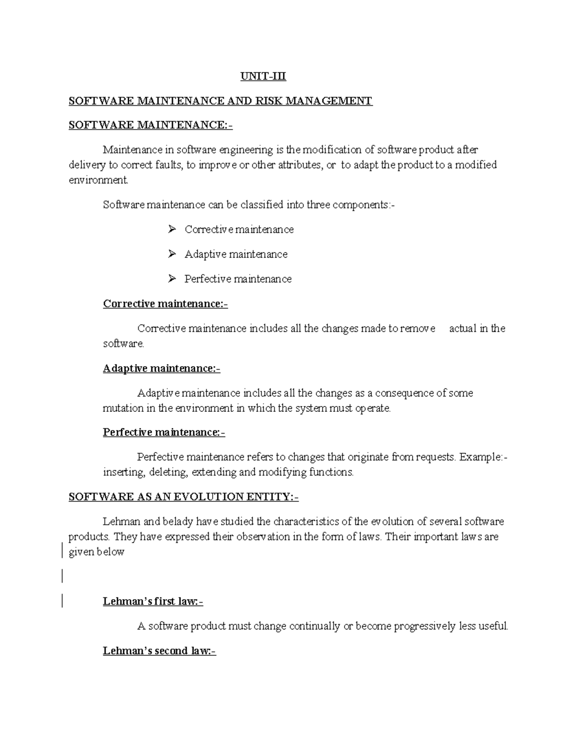 SE-UNIT-III - notes - UNIT-III SOFTWARE MAINTENANCE AND RISK MANAGEMENT ...
