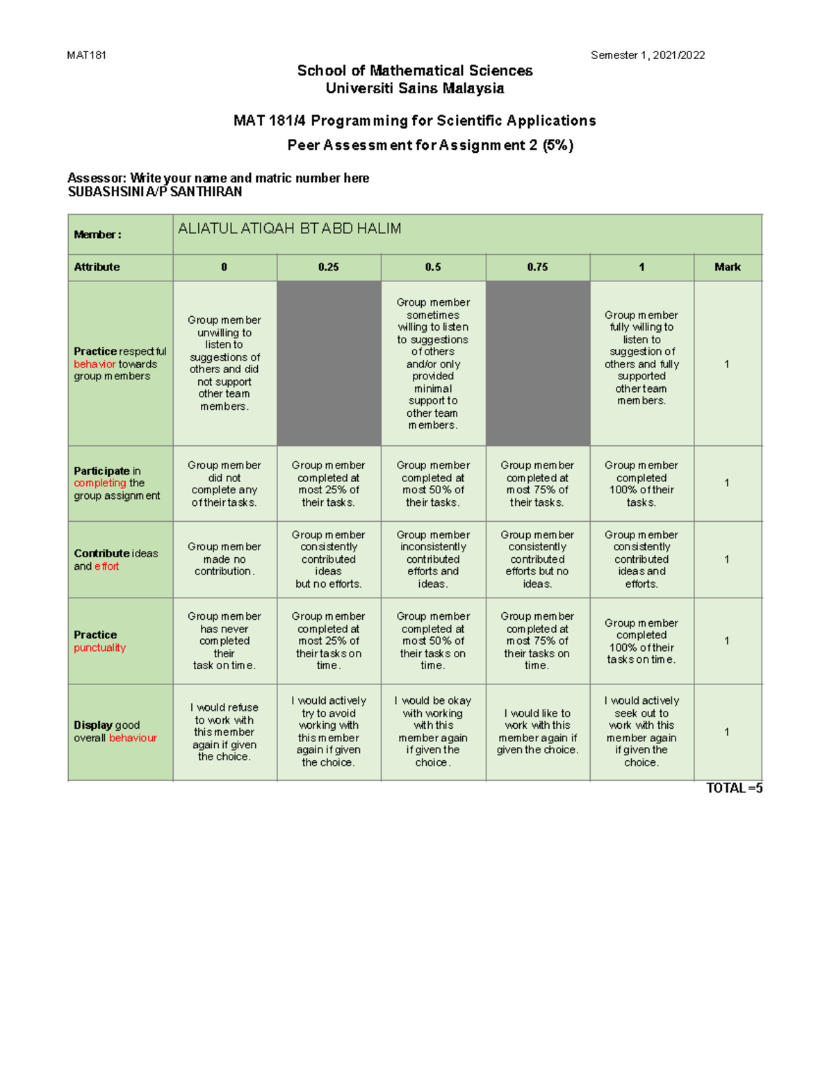 Peer Assessment Rubrics 1 - MAT181 Semester 1, 2021/ School of ...