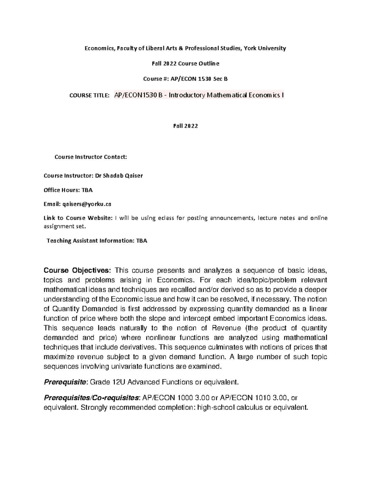 Econ 1530 Sec B course outline Fall 2022 - Economics, Faculty of ...