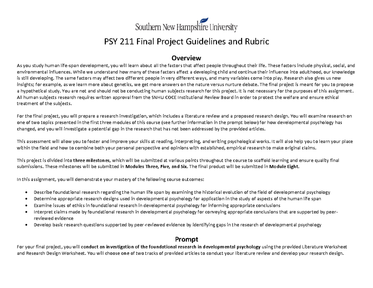 PSY 211 Final Project Guidelines and Rubric - These factors include physical, social, and - Studocu