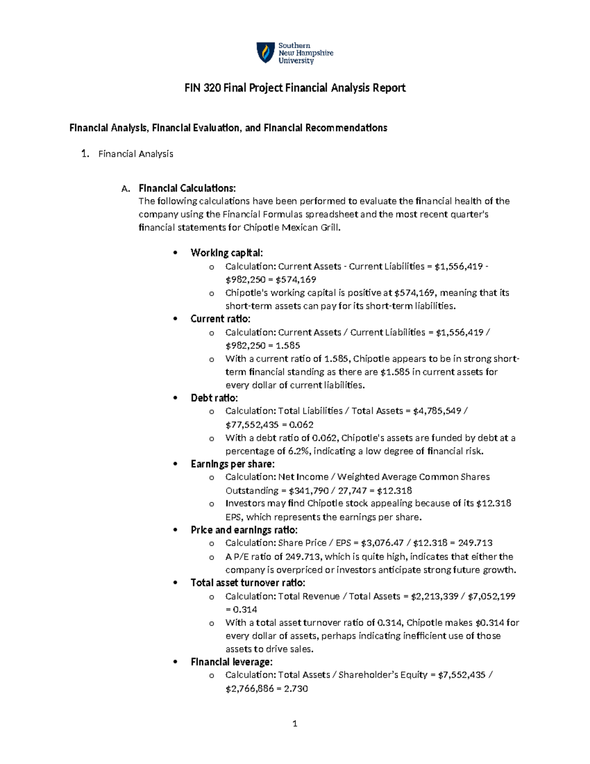 FIN 320 Final Project Financial Analysis Report - Financial Analysis A ...