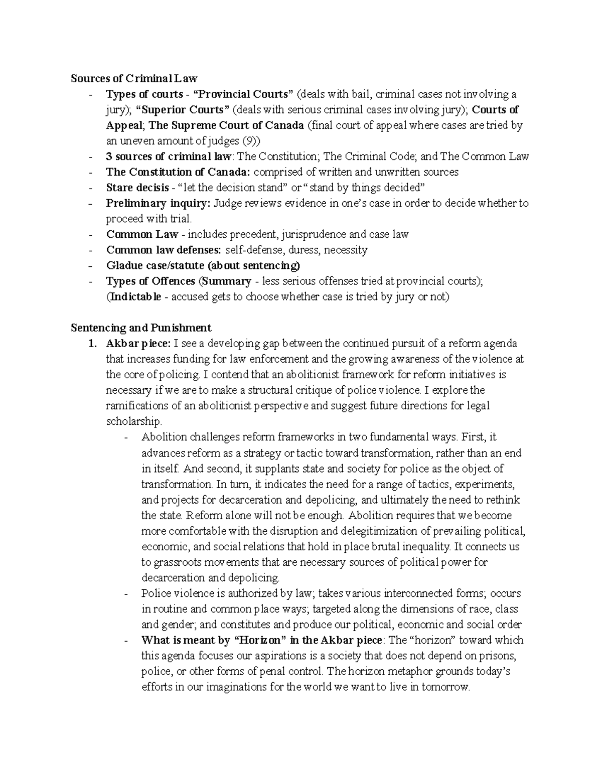 LAWS 2301 Final EXAM Cheat Sheet - Sources of Criminal Law - Types of ...