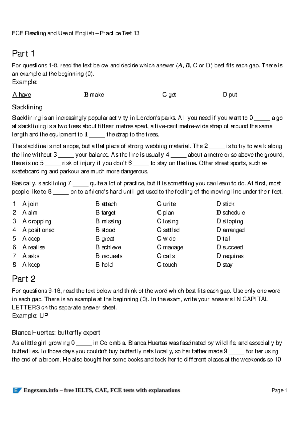 FCE Reading And Use Of English Practice Test 13 Part 1 For