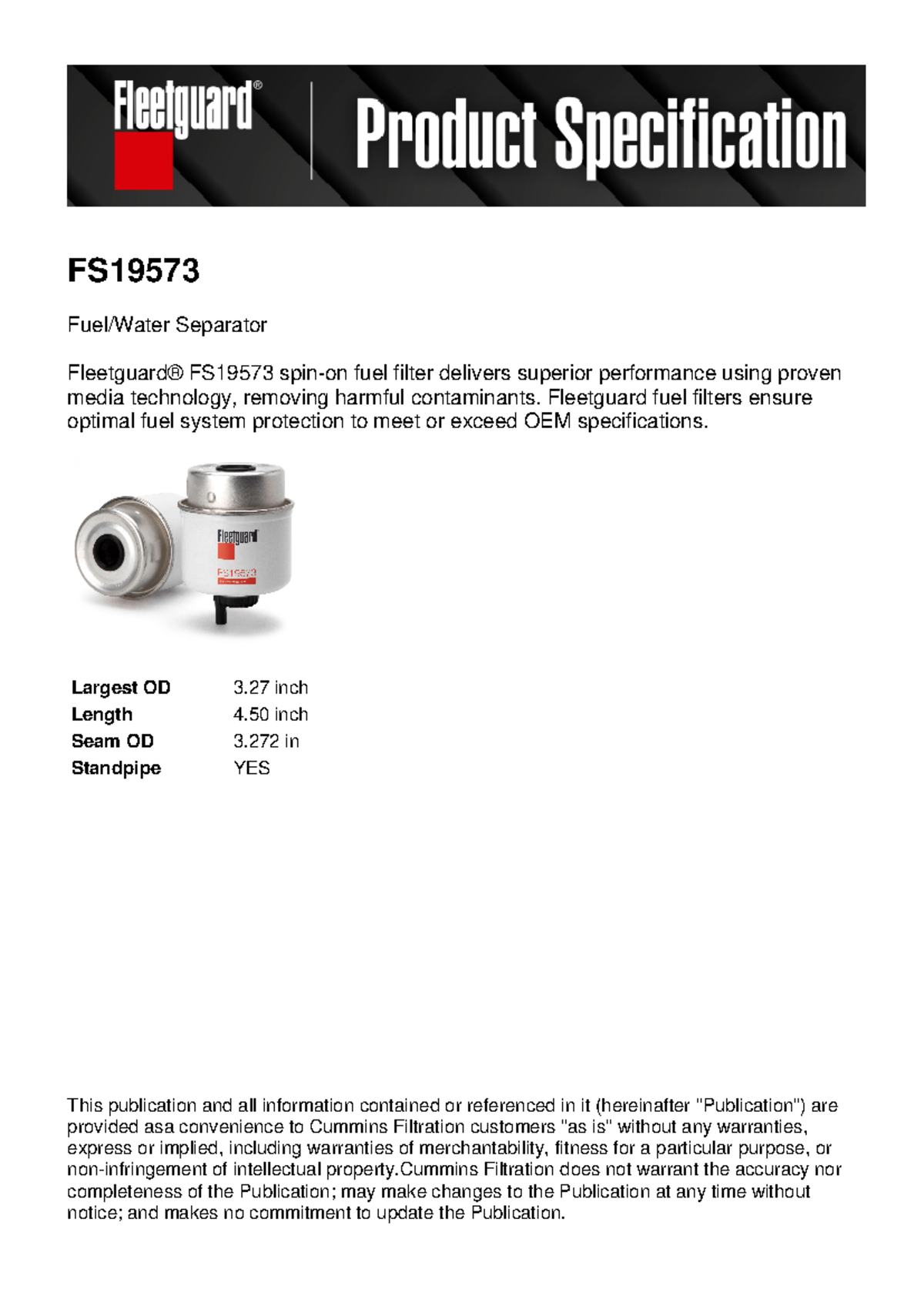 Product Specification - FS19573 - FS Fuel/Water Separator Fleetguard ...