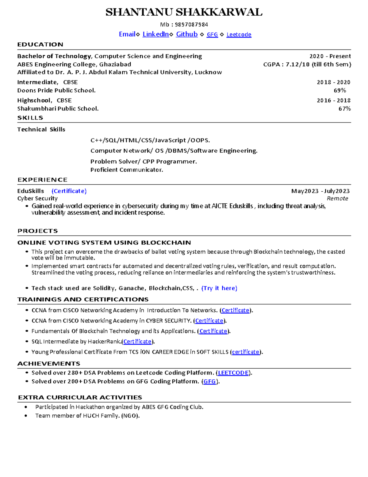 Shan res - EDUCATION SHANTANU SHAKKARWAL Mb : 9897087984 Email⋄ LinkedIn⋄ Github ⋄ GFG ⋄ ...