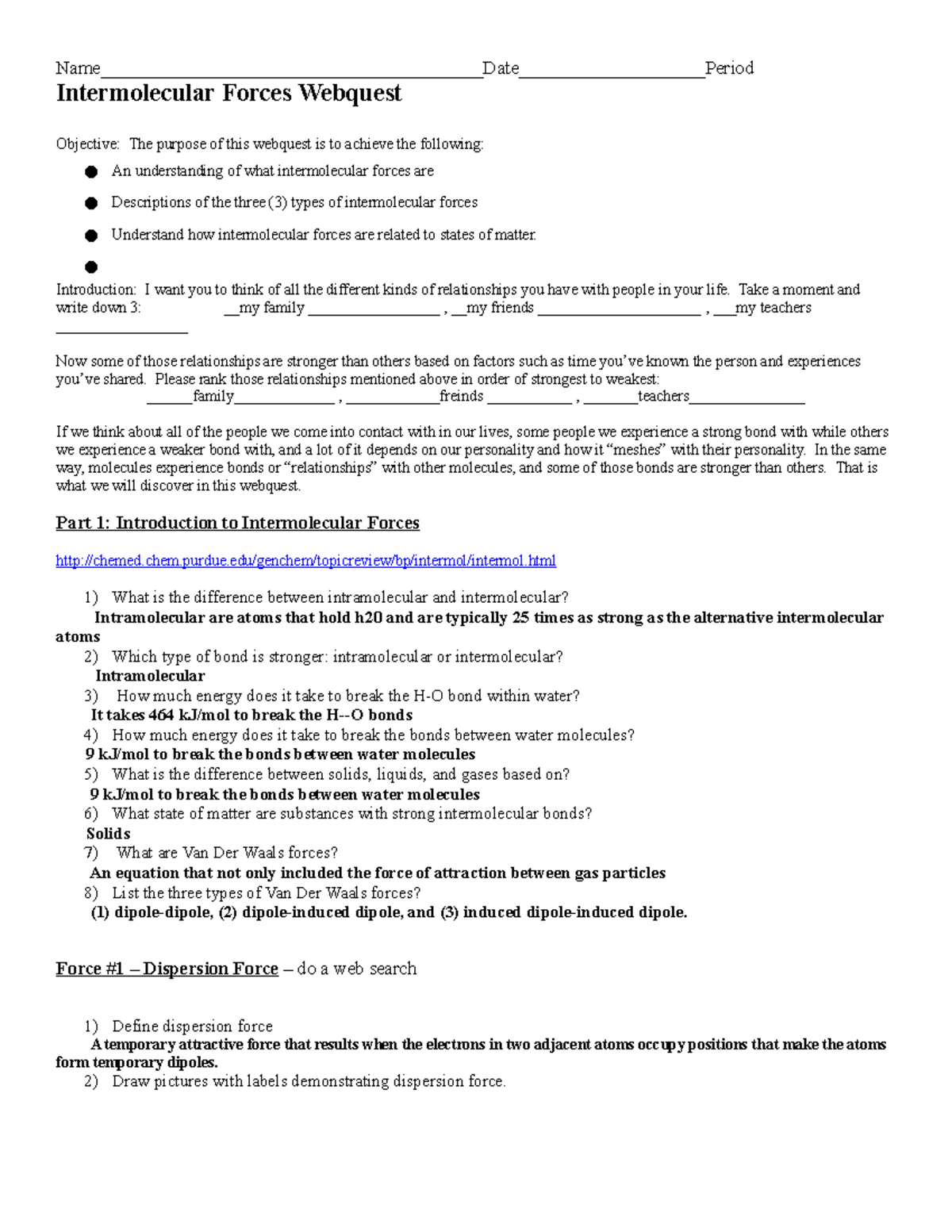 Intermolecular Forces Webquest - Studocu