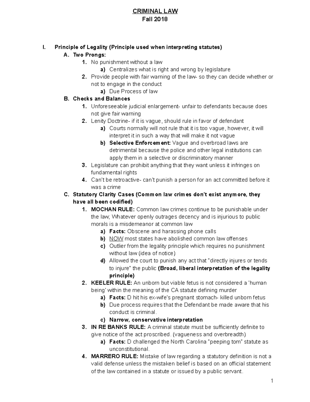 Criminal Law Outline - Fall 2018 I. Principle of Legality (Principle ...