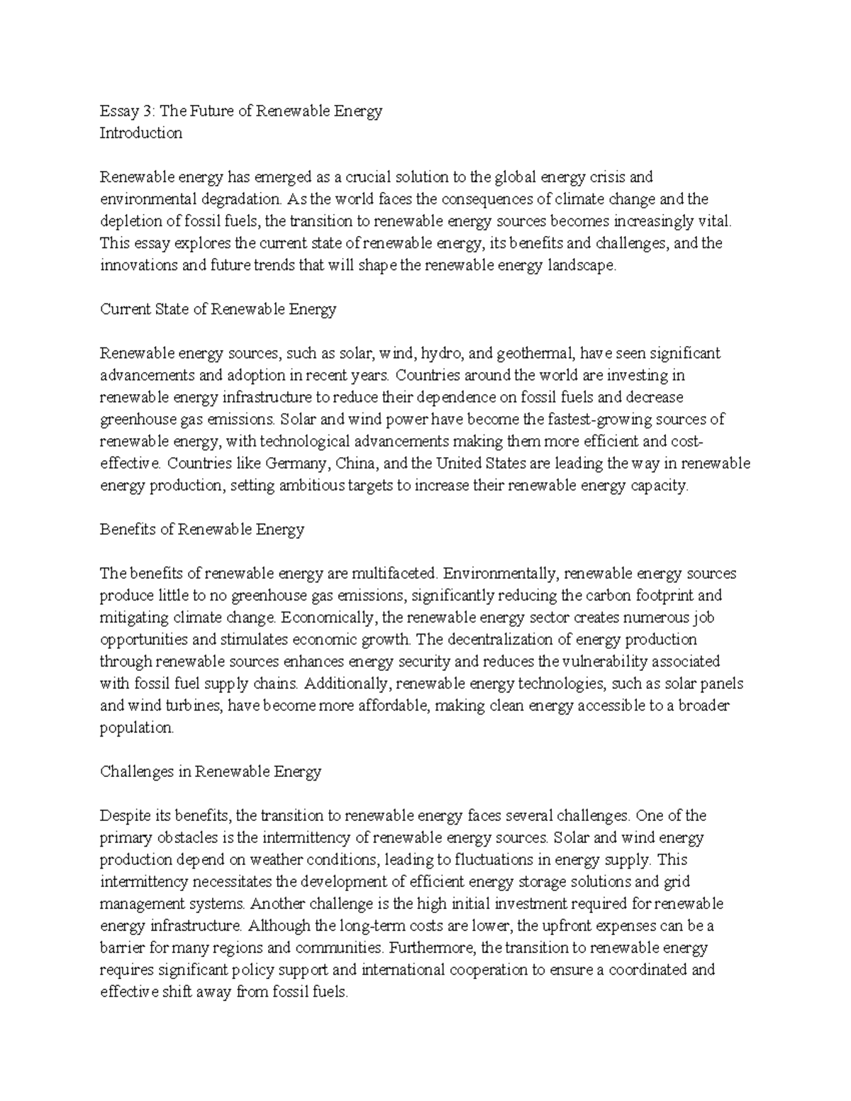 Essay 3 The Future of Renewable Energy - Essay 3: The Future of ...