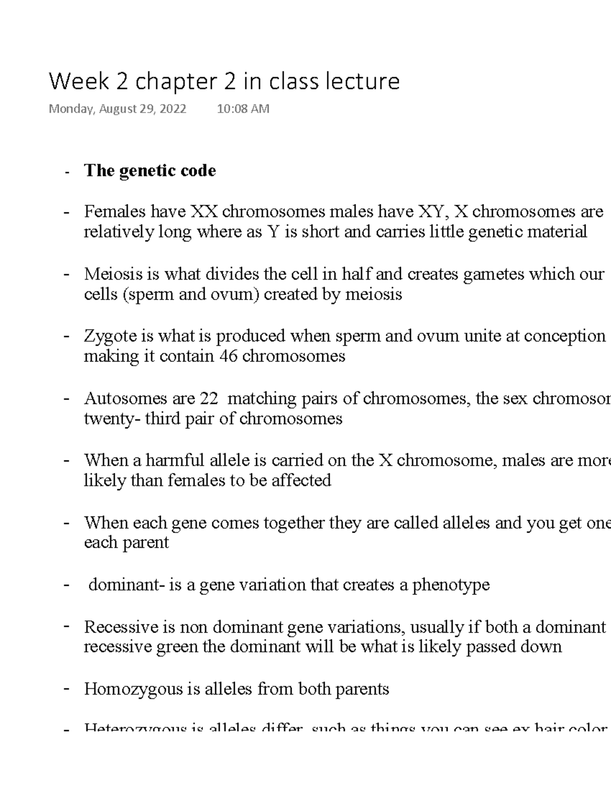 Week 2 chapter 2 in class lecture - The genetic code Females have XX ...