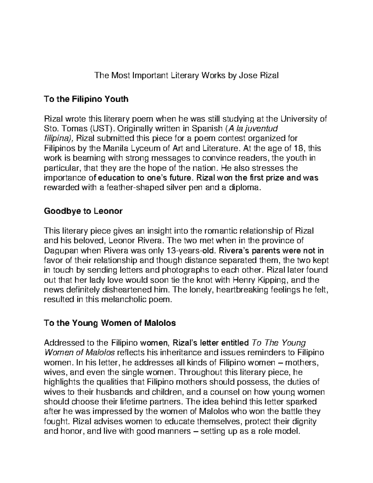 The Most Important Literary Works by Jose Rizal - Tomas (UST ...