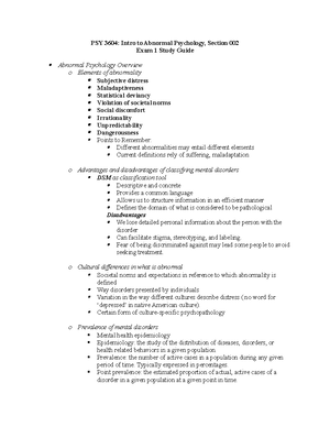 Exam 2 Study Guide - PSY 3604: Intro to Abnormal Psychology, Section ...