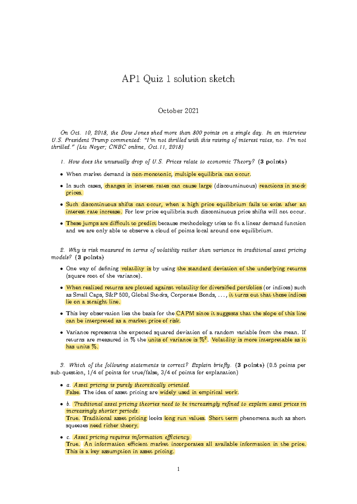 QUIZ 1 Solution - Gehrig - AP1 Quiz 1 solution sketch October 2021 On Oct. 10, 2018, the Dow ...