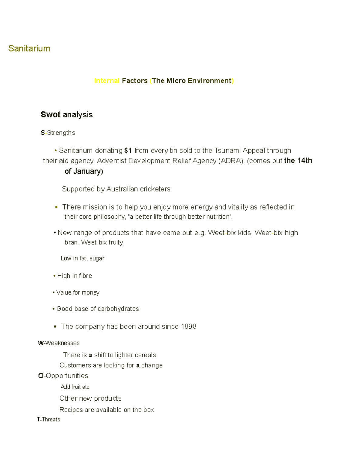 Case Studies Macro and Micro Environment - Sanitarium Internal Factors ...
