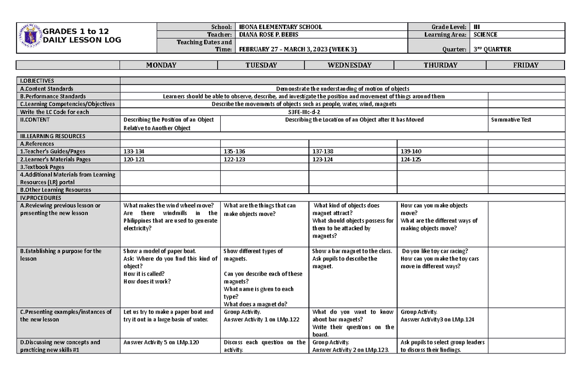 DLL Science 3 Q3 W3 - so interesting - GRADES 1 to 12 DAILY LESSON LOG ...