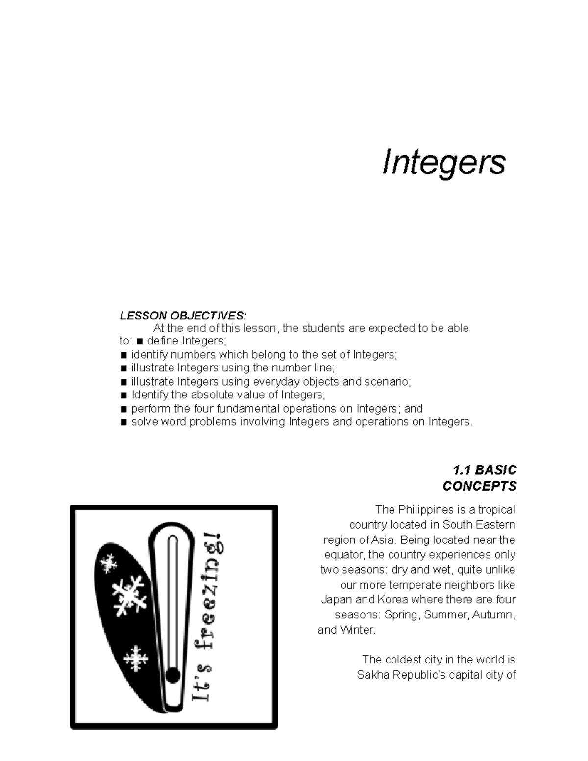 Lesson 1.1 Introduction to Integers - Lesson 1 Integers LESSON ...