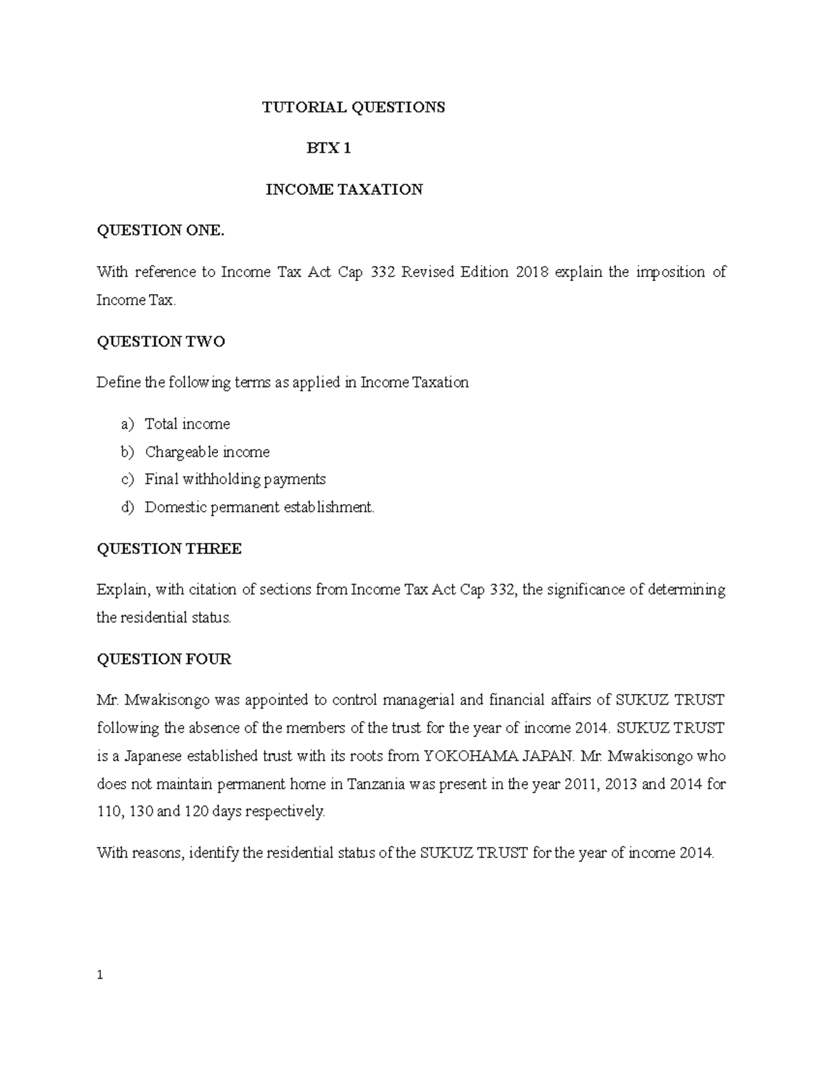Tutorial Questions BTX 1 - TUTORIAL QUESTIONS BTX 1 INCOME TAXATION ...