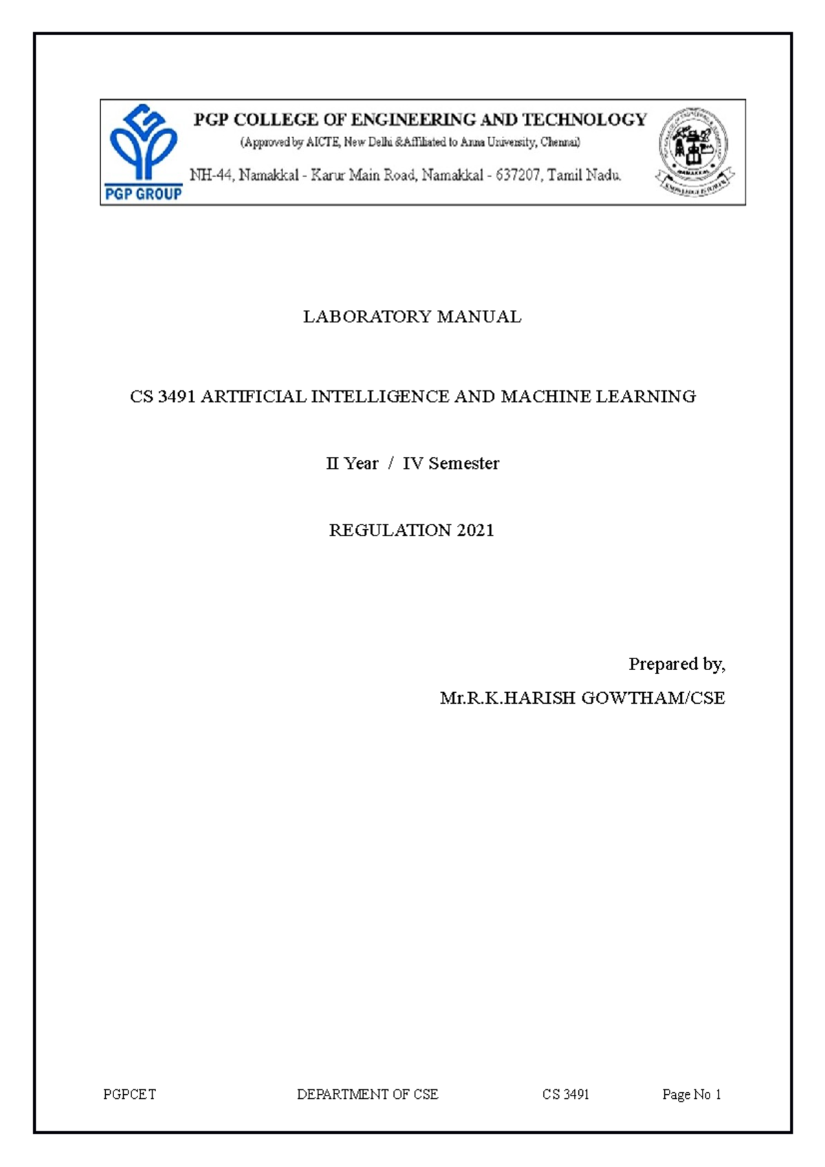 Program ali and ml - WORD FILE - LABORATORY MANUAL CS 3491 ARTIFICIAL INTELLIGENCE AND MACHINE ...
