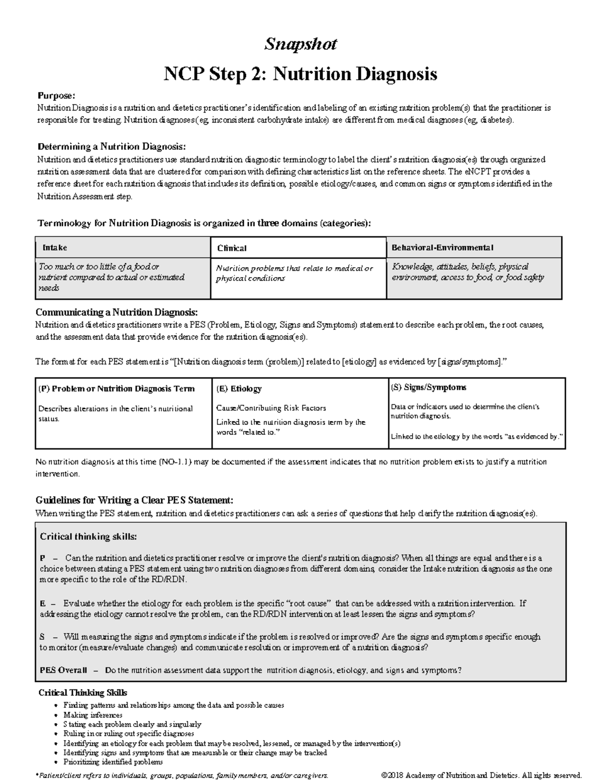4.1.2 segundo paso diagnostico - Snapshot NCP Step 2: Nutrition ...
