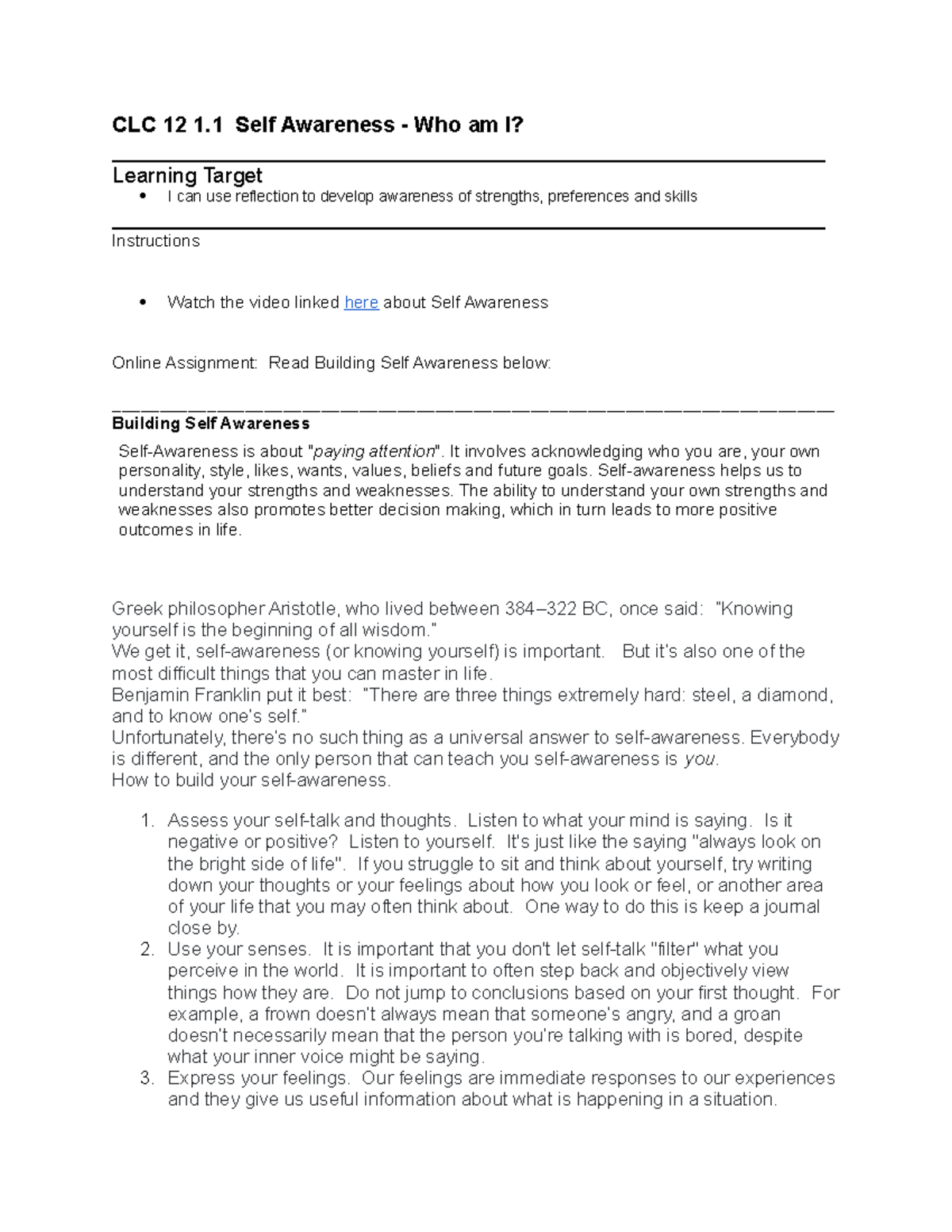 CLC 12 self awareness - CLC 12 1 Self Awareness - Who am I? - Studocu