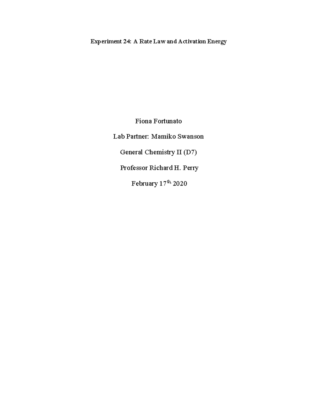 Experiment 24 - Warning: TT: undefined function: 32 Experiment 24: A Rate Law and Activation ...