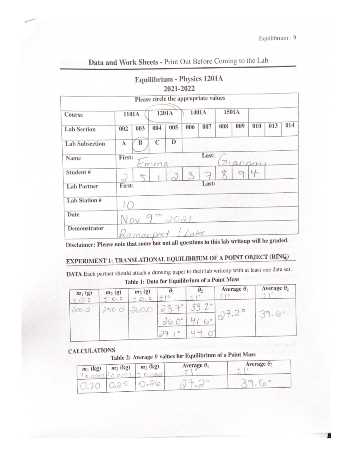 Equillbrium Lab - Lab - Physics 1201 - Studocu