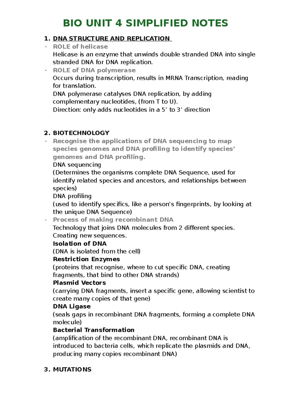 Biology - Unit 4 Simplified Notes - BIO UNIT 4 SIMPLIFIED NOTES 1. DNA ...