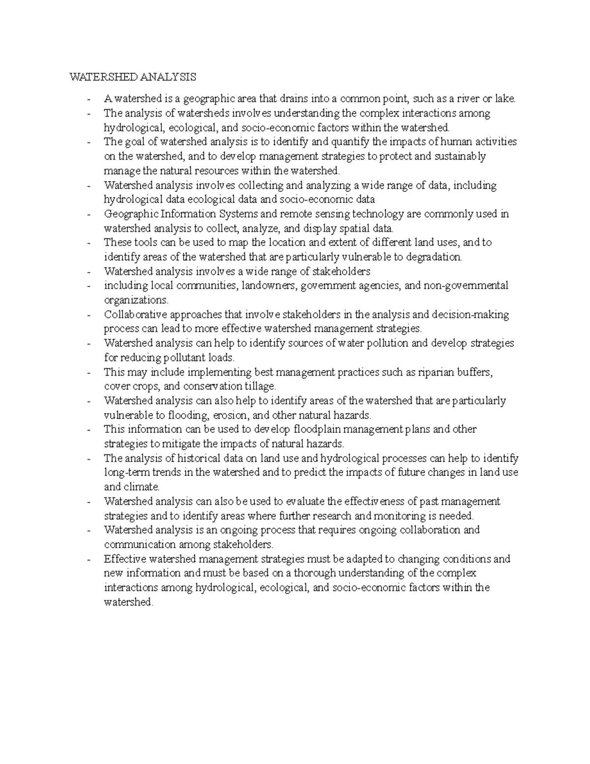 Watershed Analysis Notes 1 - WATERSHED ANALYSIS A watershed is a ...
