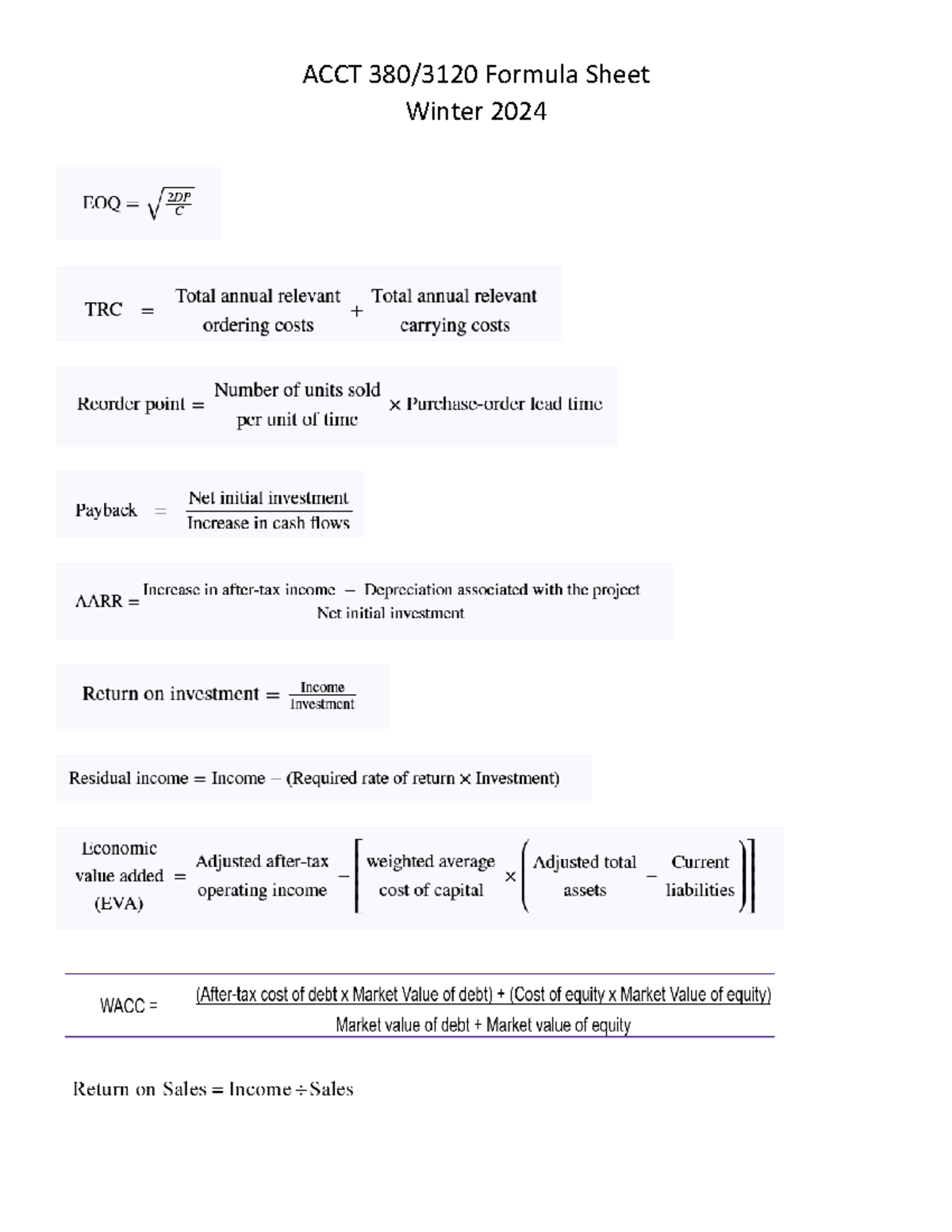 ACCT-380-3120 Winter 2024 Formula Sheet - ACCT 380 - ACCT 3 80 /3120 ...