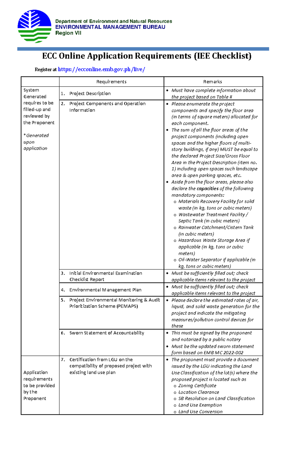 ECC Checklist WITH Description - Department of Environment and Natural ...