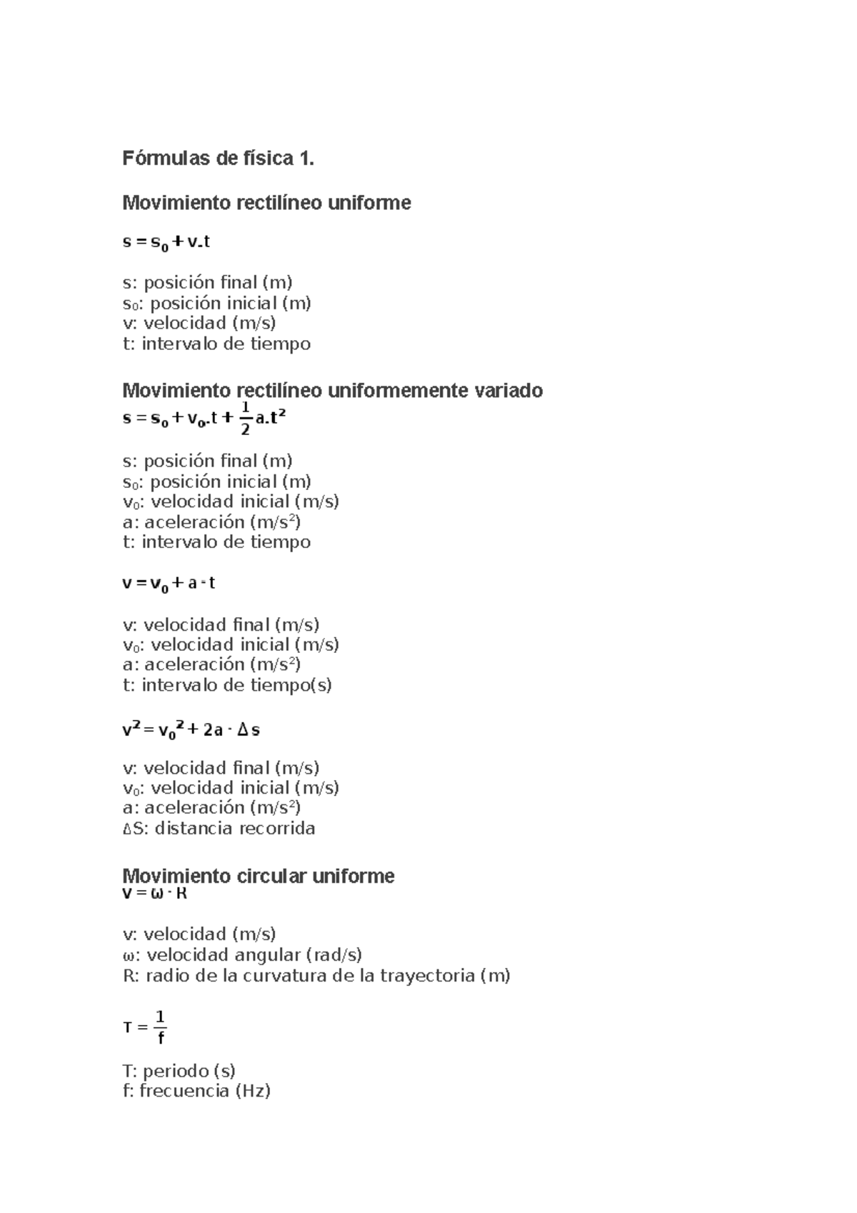 Fórmulas de física 1 (UTP) - Fórmulas de física 1. Movimiento ...