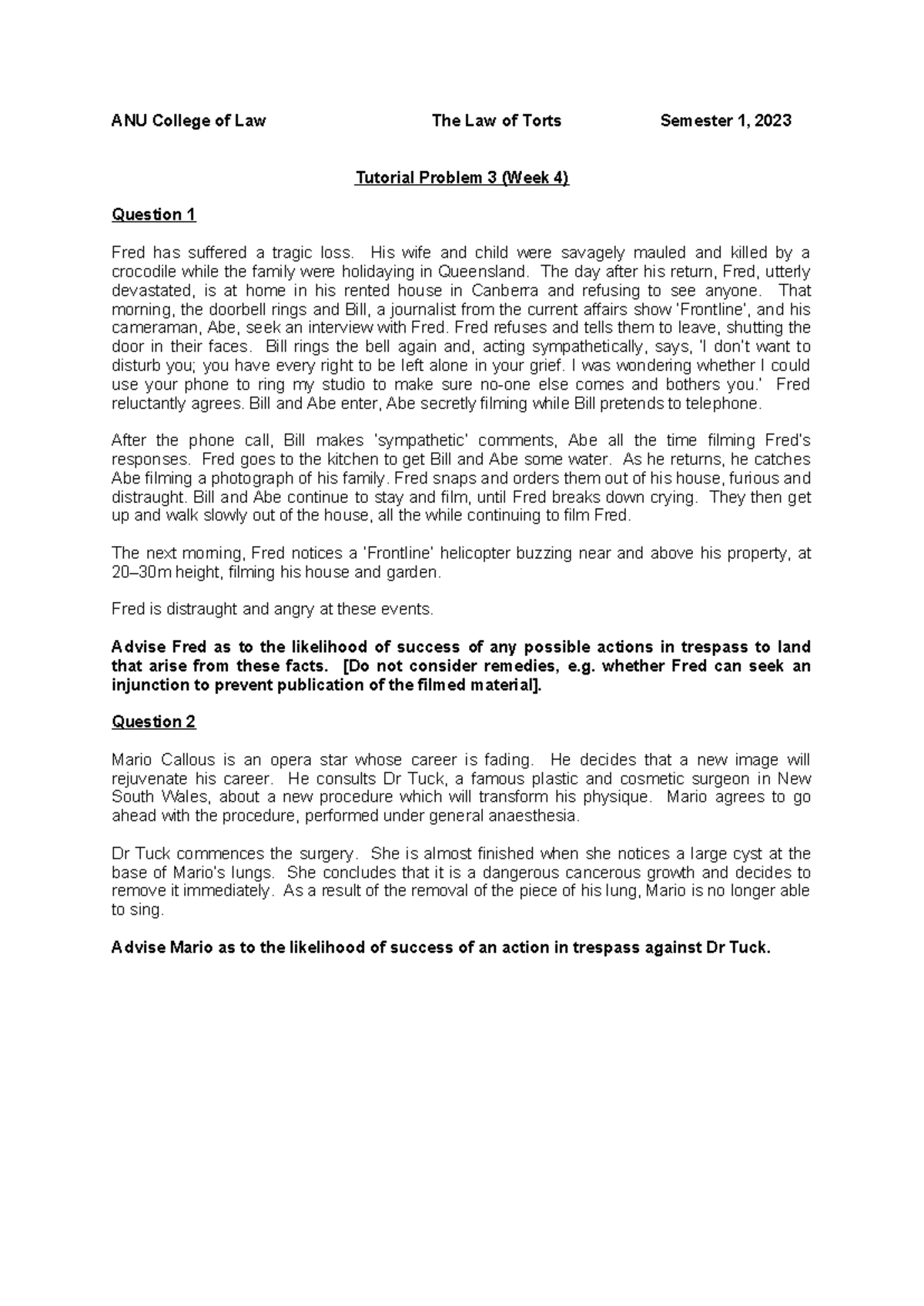 2024 Torts Tutorial 3 (Week 4) - ANU College of Law The Law of Torts ... 2024 Torts Tutorial 3 (Week 4) - ANU College of Law The Law of Torts ...