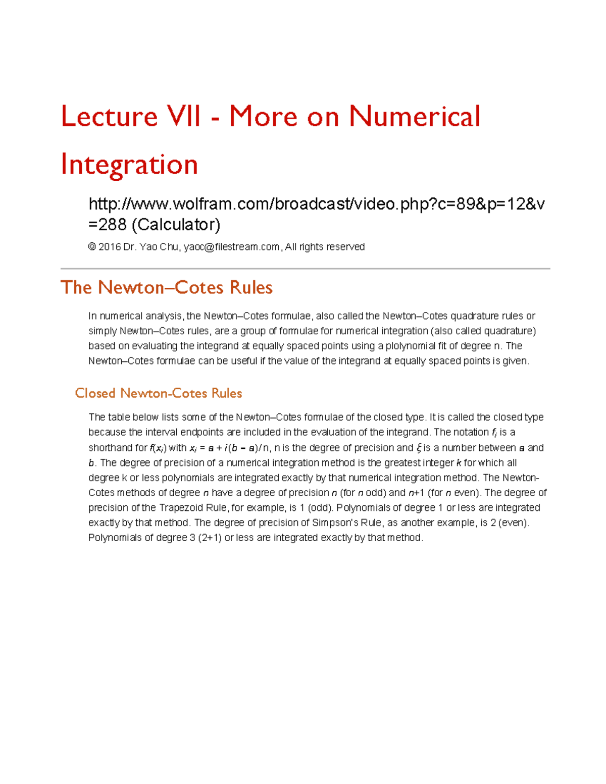 Lecture 7 - More on Numerical Integration - Lecture VII - More on ...