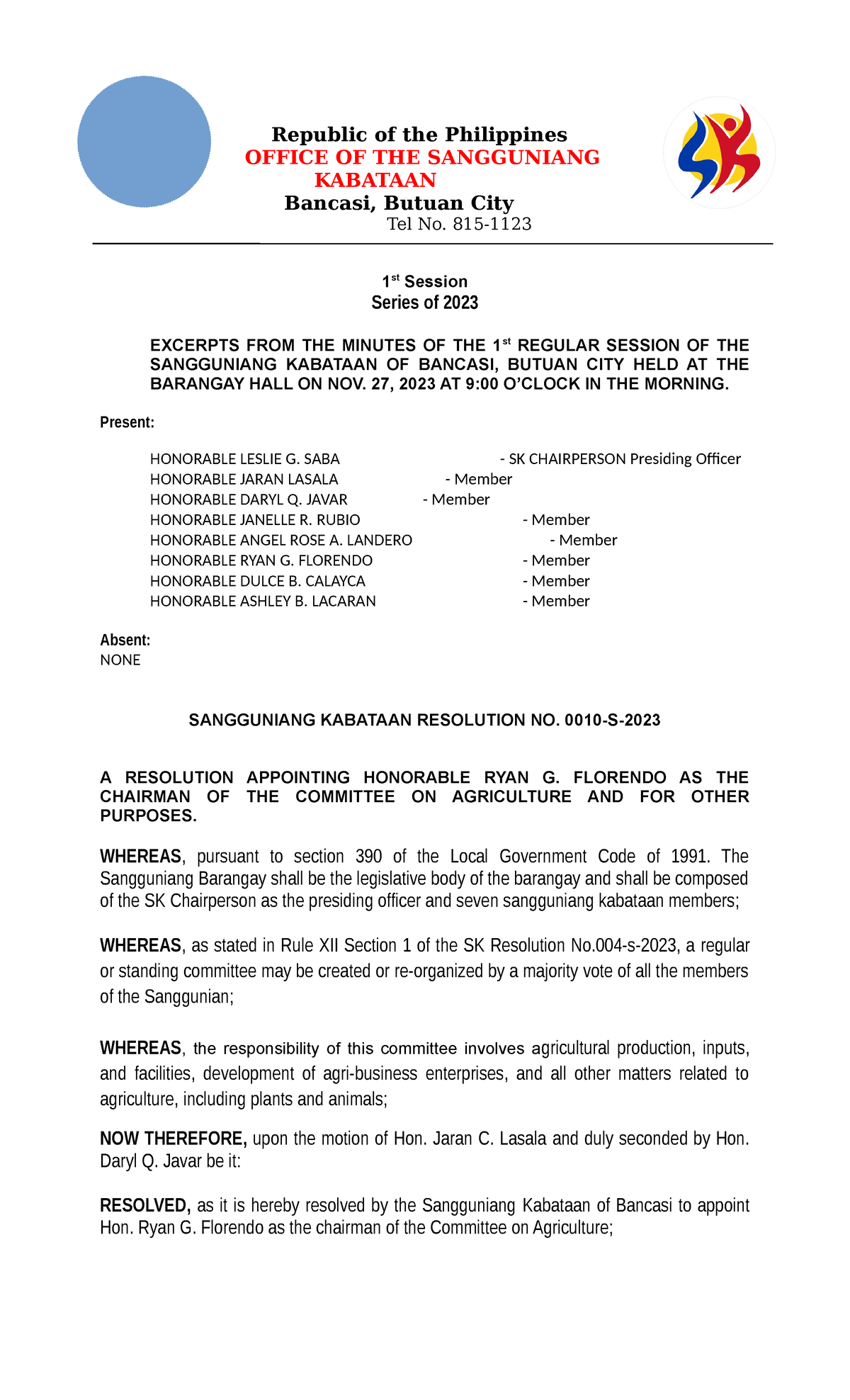 SK- Resolution-NO - Assignment for legal writing - Republic of the ...