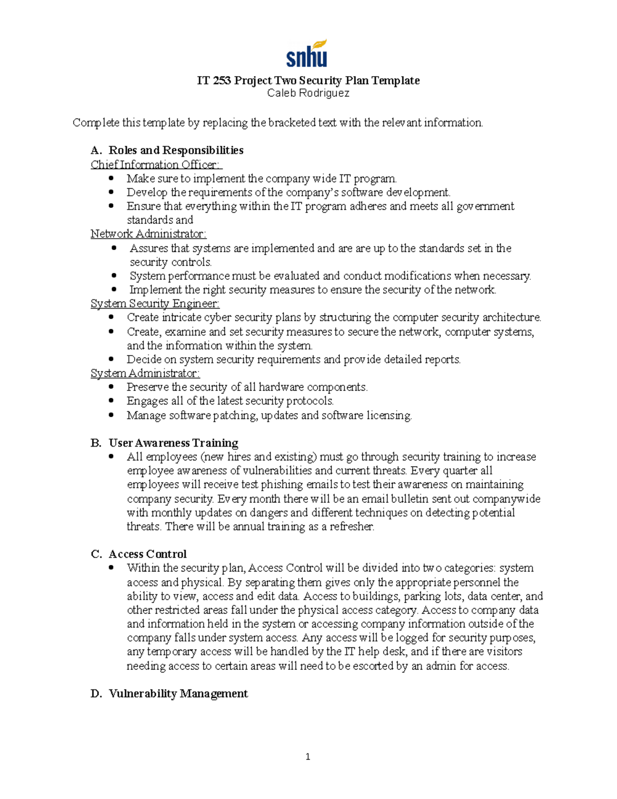 IT 253 Project Two Security Plan - A. Roles and Responsibilities Chief ...