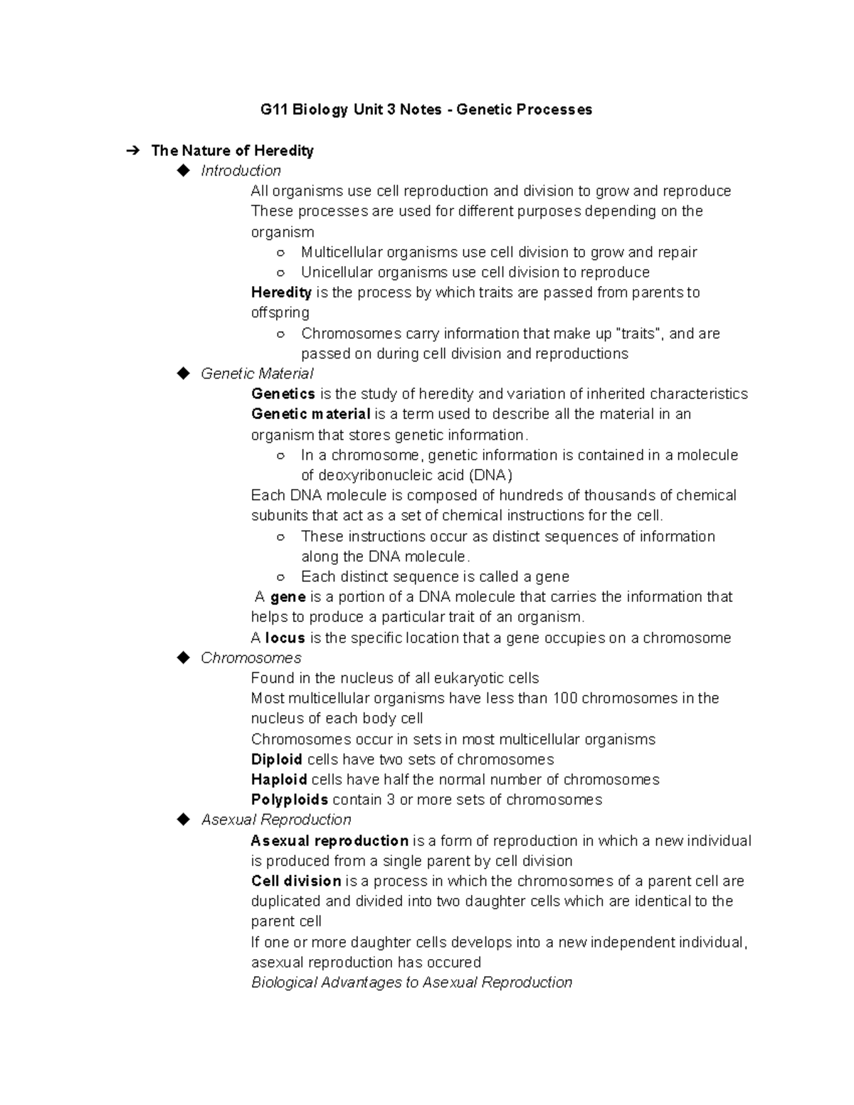 G11 Biology Unit 3 Notes - Genetic Processes - In a chromosome, genetic ...